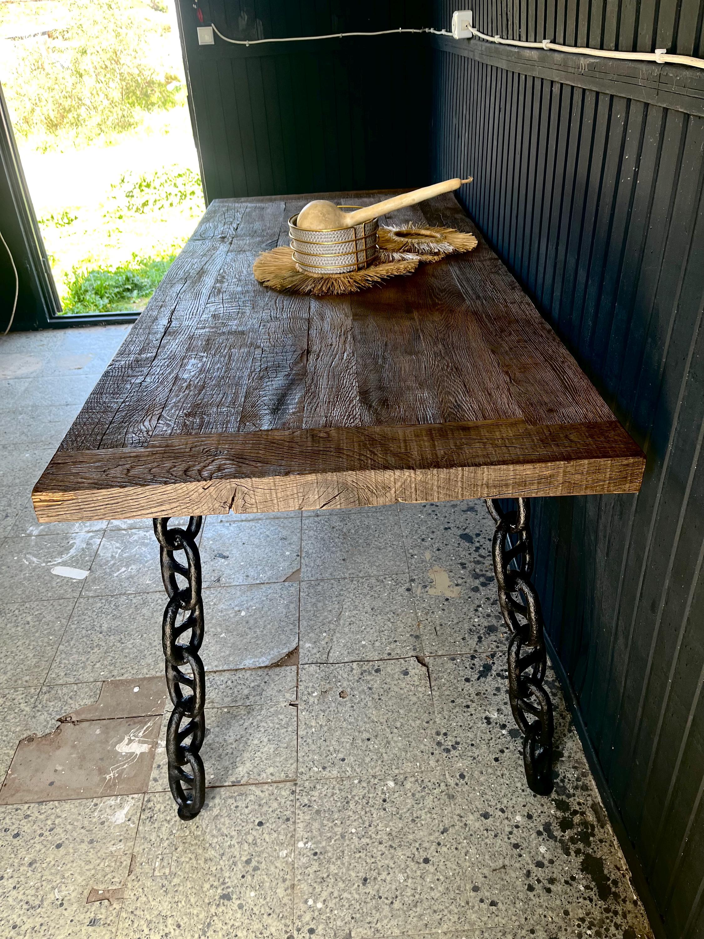 Handmade Solid Oak Dining Table With Chain-link Metal Legs Industrial ...