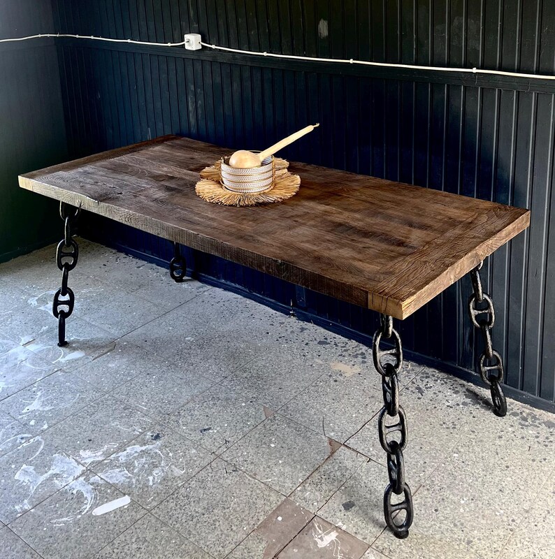 Handmade Solid Oak Dining Table: Industrial Chain-link Metal Legs - Etsy