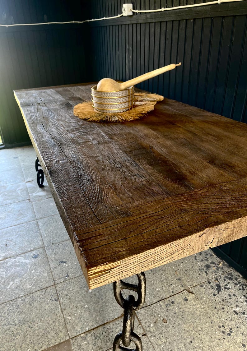 Handmade Solid Oak Dining Table With Chain-link Metal Legs Industrial ...