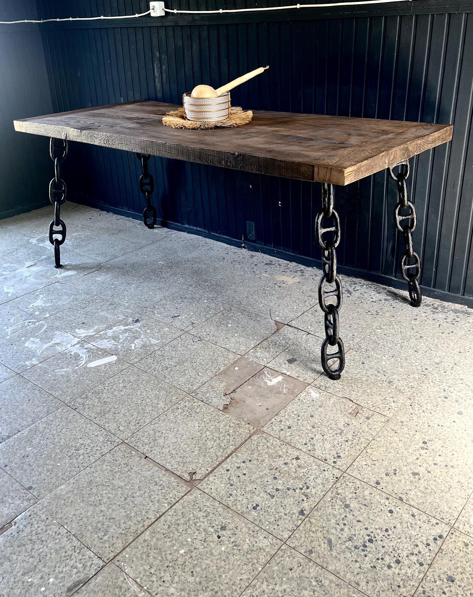 Handmade Solid Oak Dining Table With Chain-link Metal Legs Industrial ...