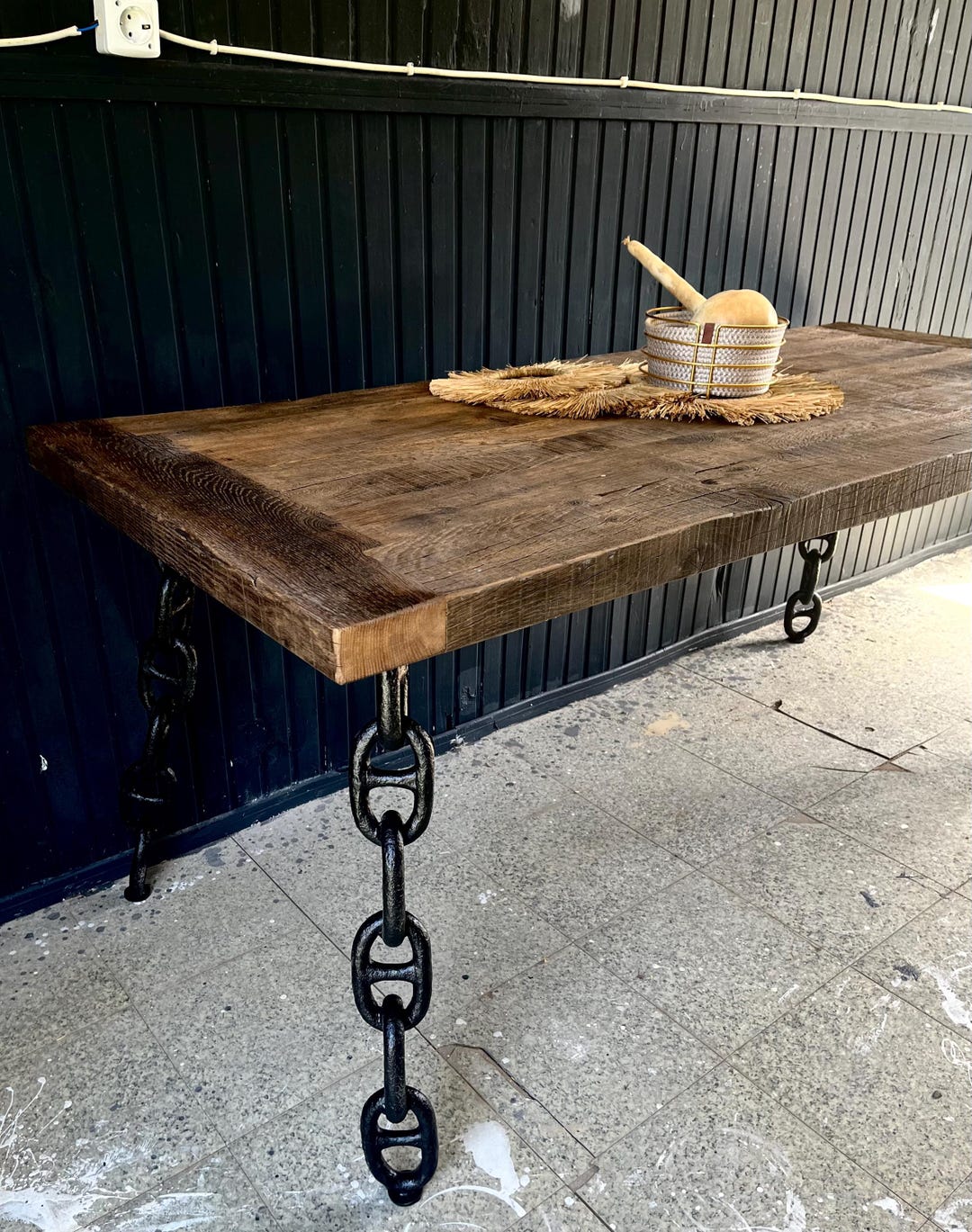 Handmade Solid Oak Dining Table: Industrial Chain-link Metal Legs - Etsy