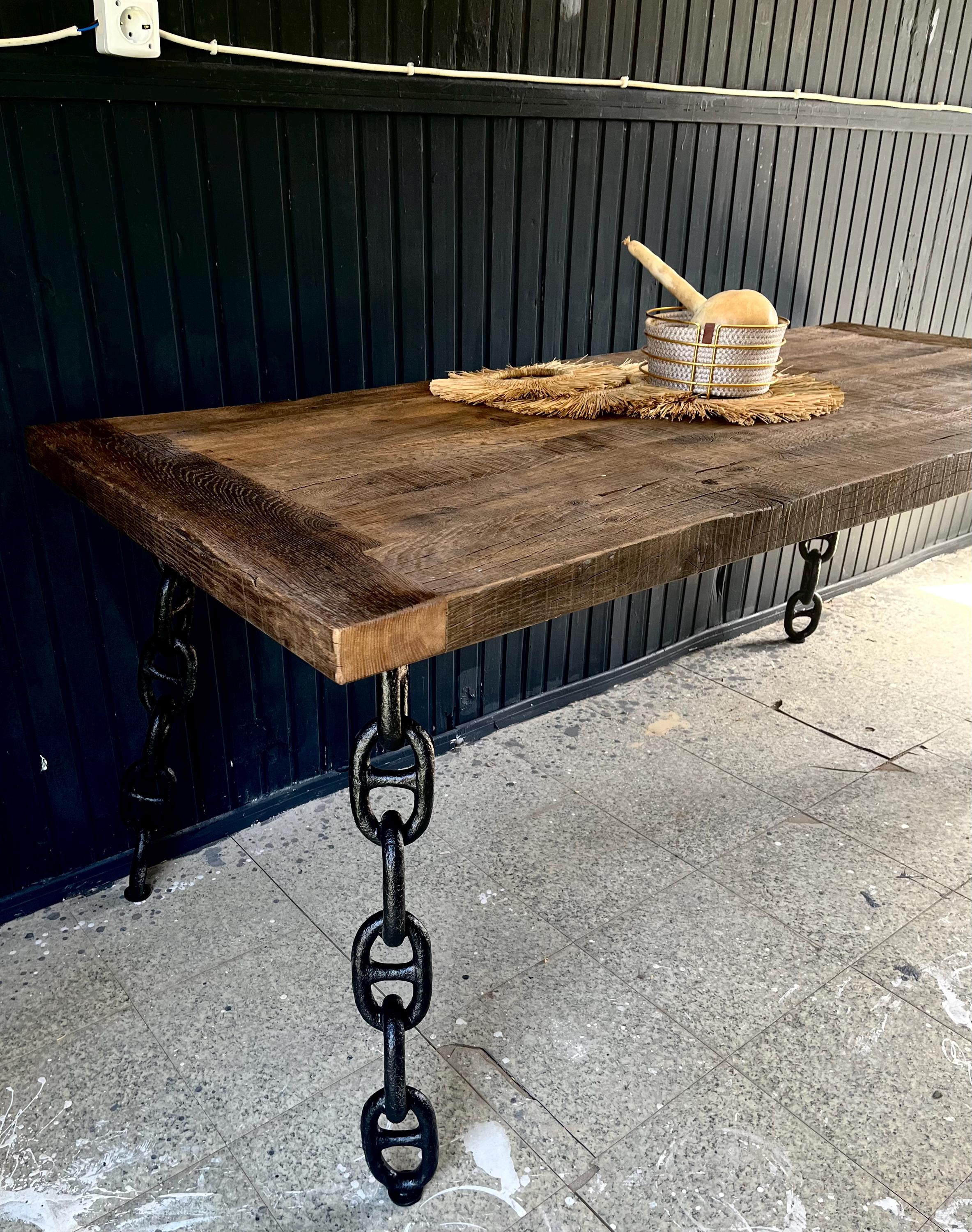Handmade Solid Oak Dining Table With Chain-link Metal Legs Industrial ...