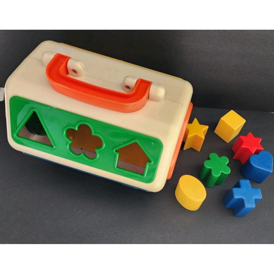 Vintage Shape Sorter Toy Blue Box Time Clock Side With Travel Handle ...