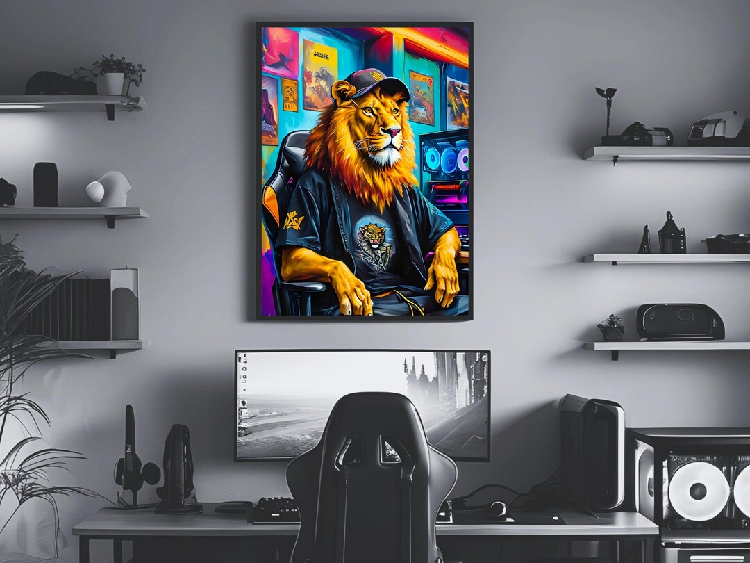 Gamer Lion Digital Art Print - Anthropomorphic Gaming Poster – High ...