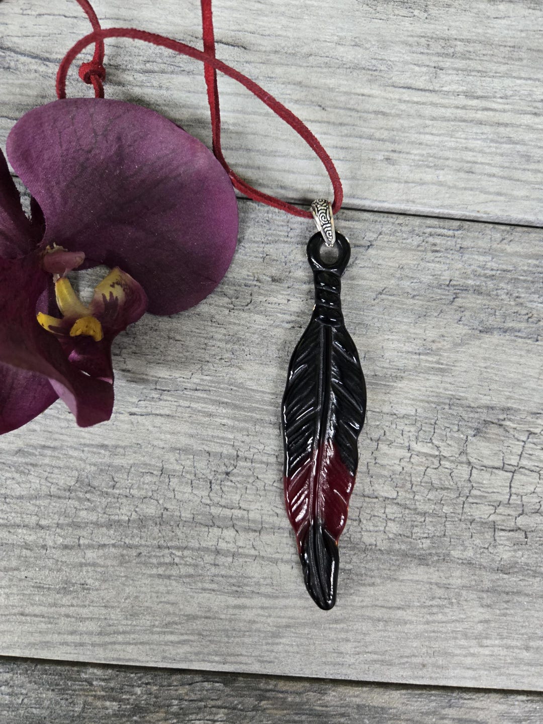 Fused Glass Feather Pendant: Red & Black Southwest Necklace, Leather ...