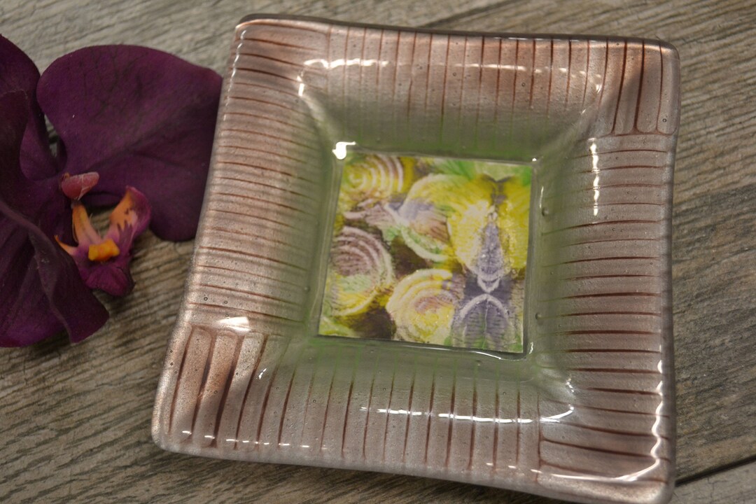 Fused Glass Trinket Dish: Ink Blot Art, Plum & Jade - Etsy