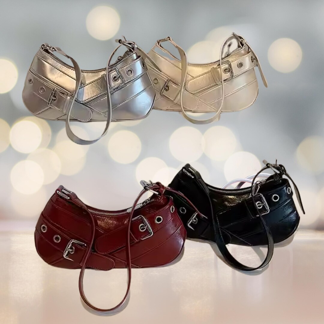 Slouchy Crescent-shaped Sling Bag Black Handbag Silver Bag PU Leather ...