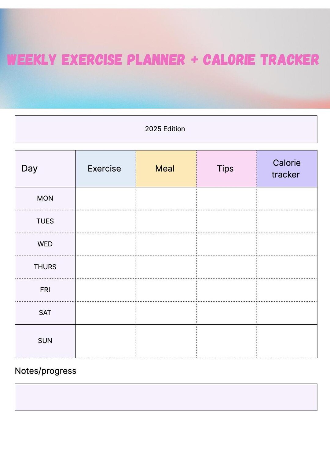 2025 Weekly Exercise Calendar and Calorie Tracker, Fitness Planner ...