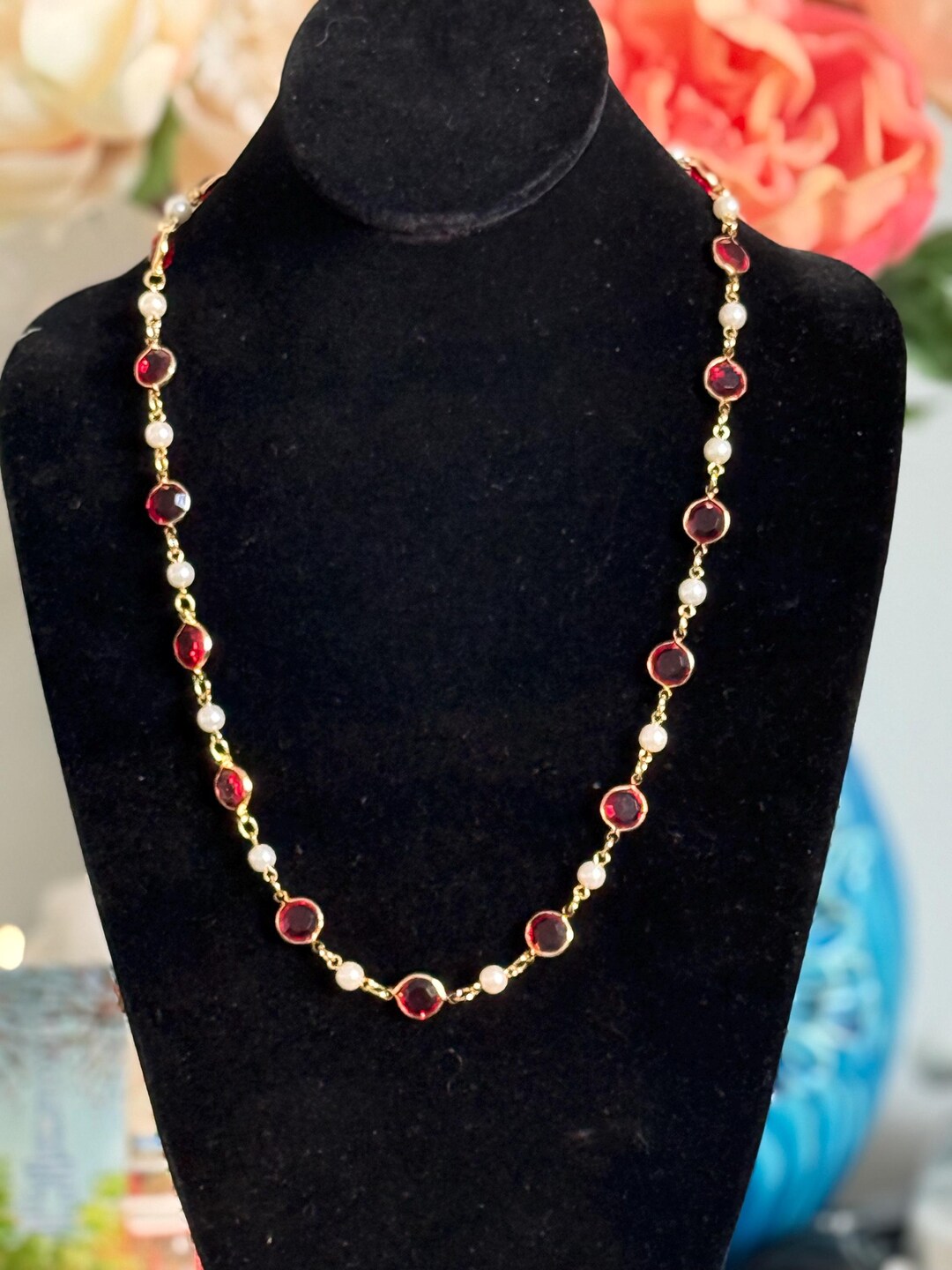 Vintage Red Chicklet and Faux Pearl Necklace 24” Long - Etsy
