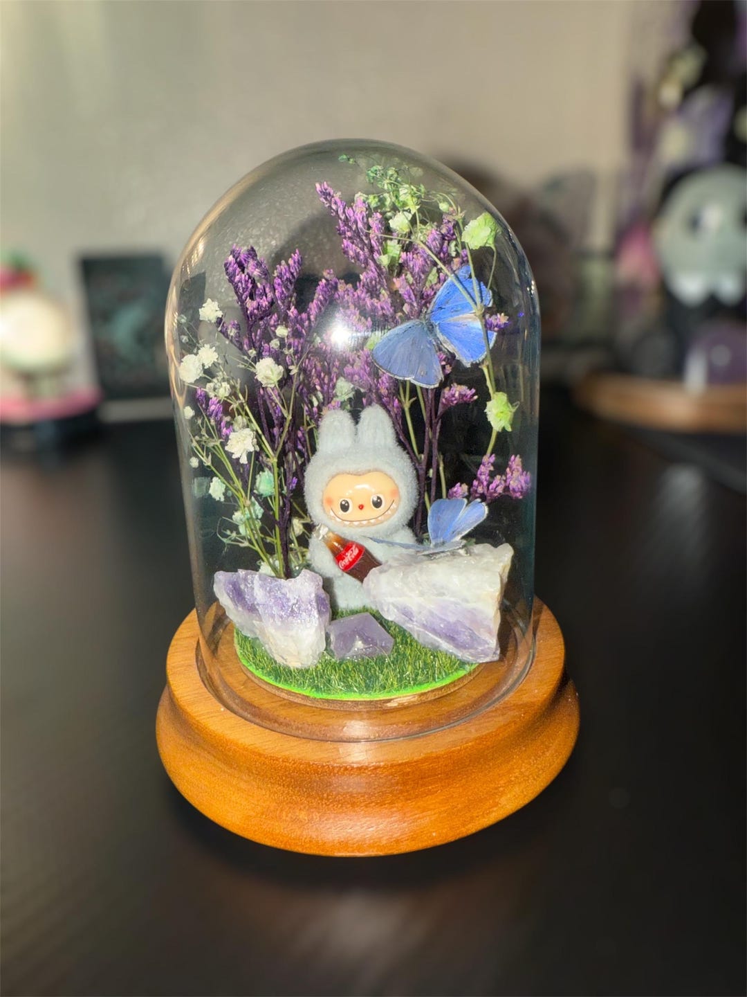 Labubu Inspired Cloche, Fuzzball Figurine Terrarium, Amethyst Crystal ...