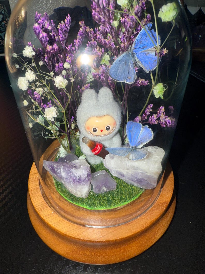 Labubu Inspired Cloche, Fuzzball Figurine Terrarium, Amethyst Crystal ...