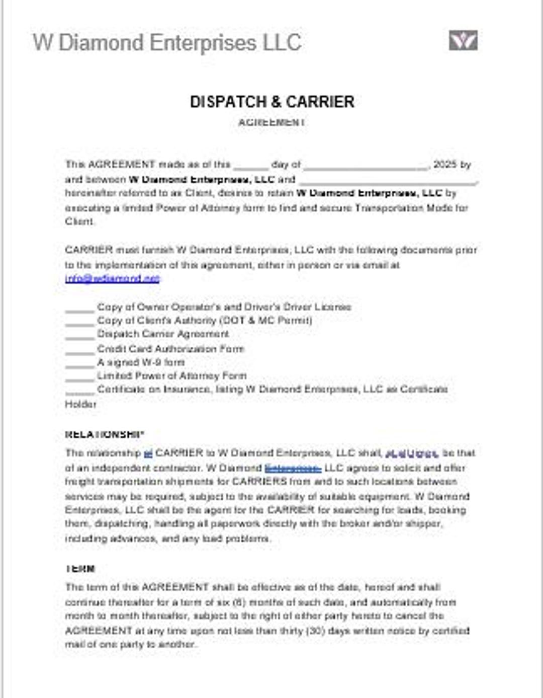 Customizable Dispatcher/carrier Agreement - Etsy
