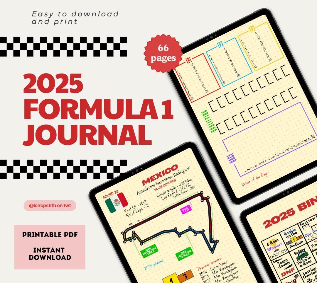 F1 Digital Race Journal 2025 | Formula 1 Planner & Grand Prix Tracker ...
