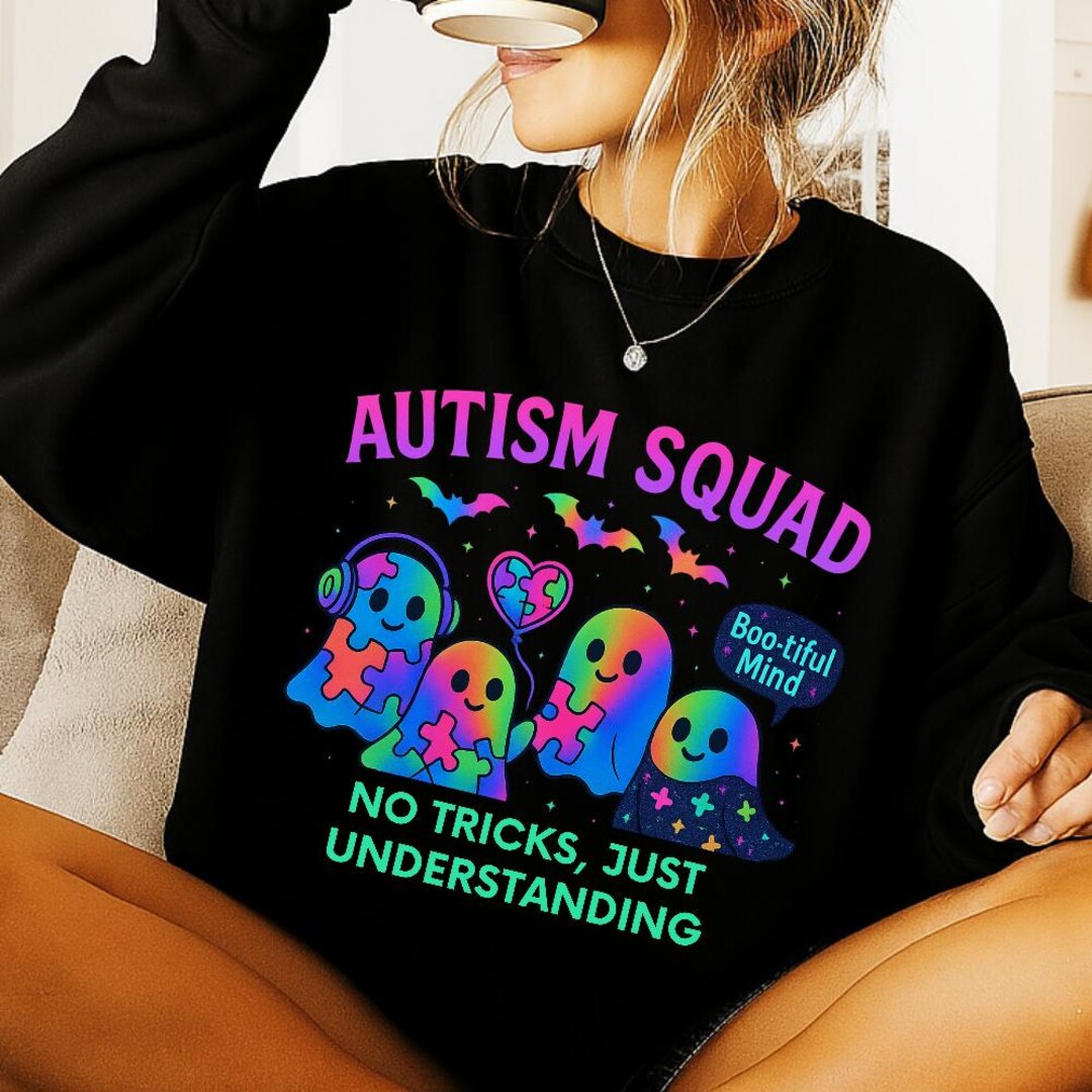 Rainbow Autism Squad PNG: Neon Ghost Halloween Shirt Design (digital ...