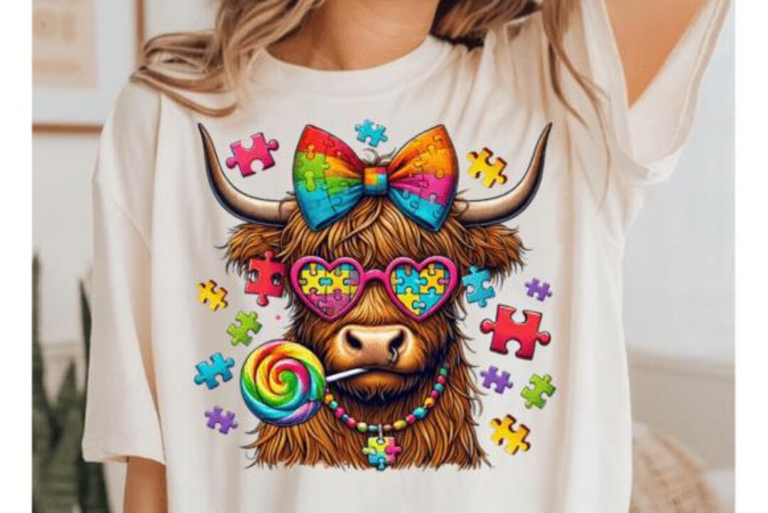 Autism Awareness Highland Cow PNG, Colorful Puzzle PNG, Neurodiversity ...