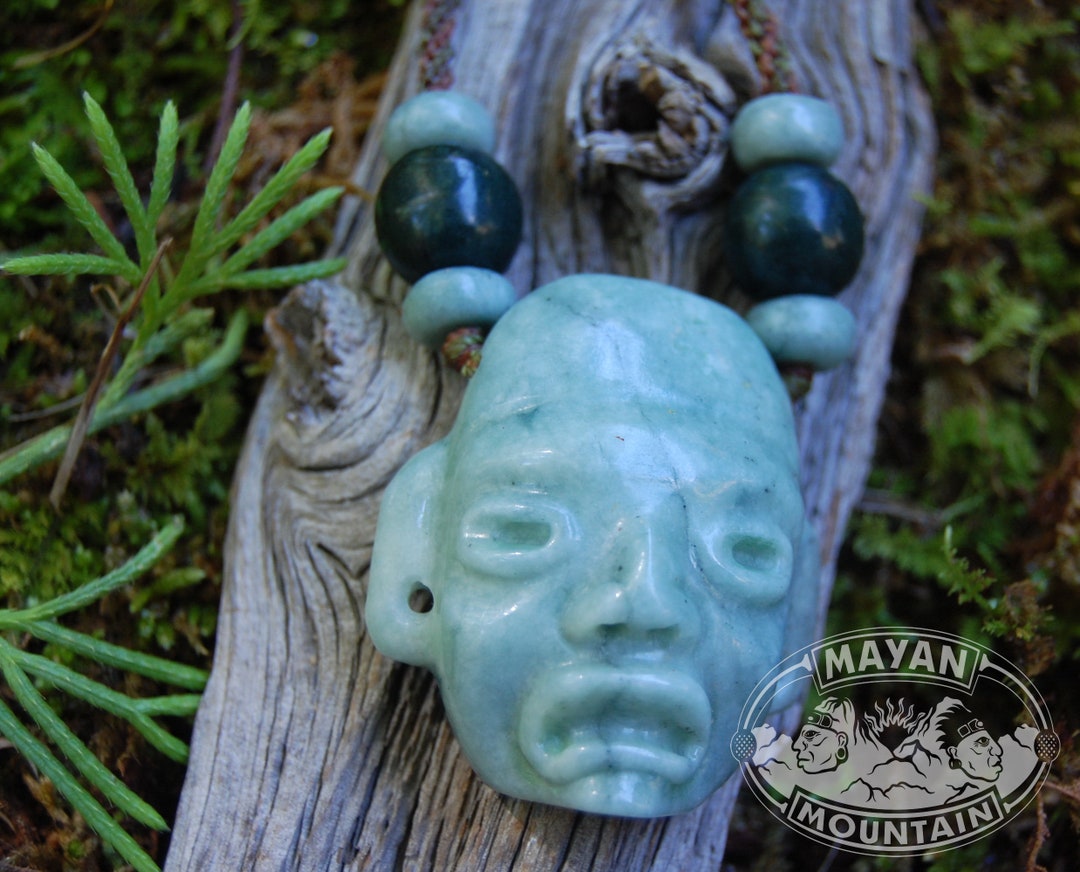 LARGE OLMEC FACE // Guatemalan Jadeite Jade Carving // Macrame Necklace ...