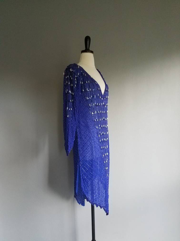 SILK Beaded FRINGE Sequin SHEER Blue Slouchy Dress m - Etsy