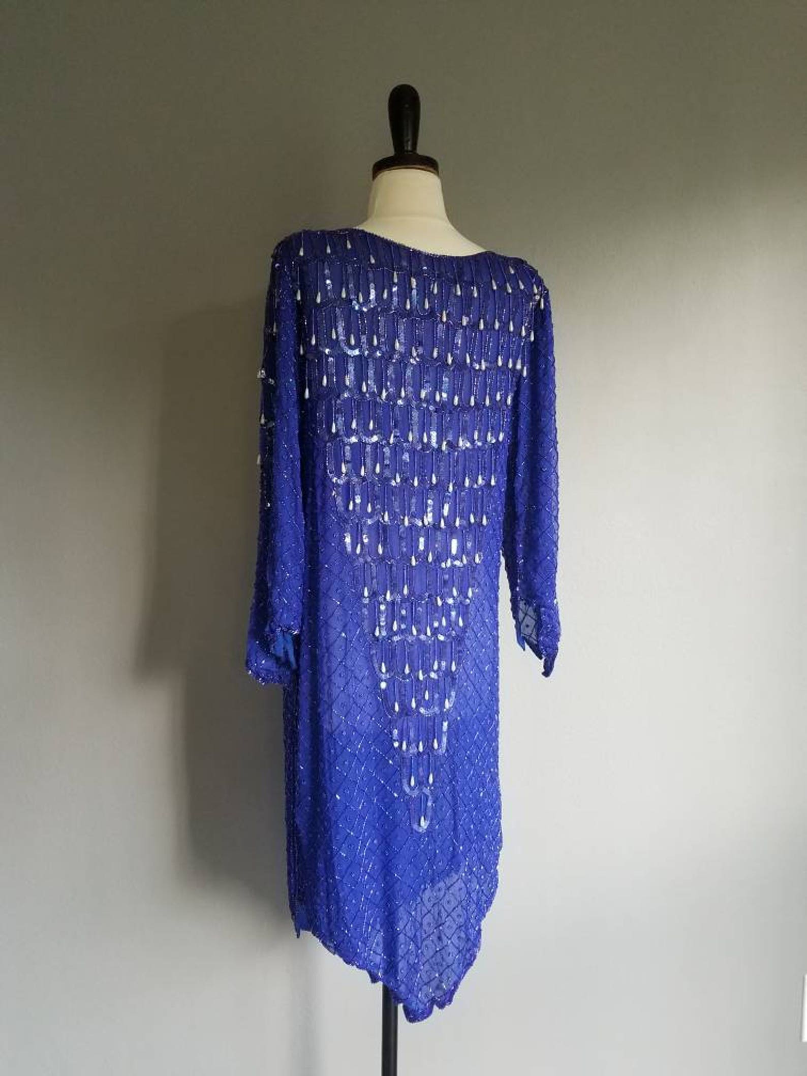 SILK Beaded FRINGE Sequin SHEER Blue Slouchy Dress m - Etsy