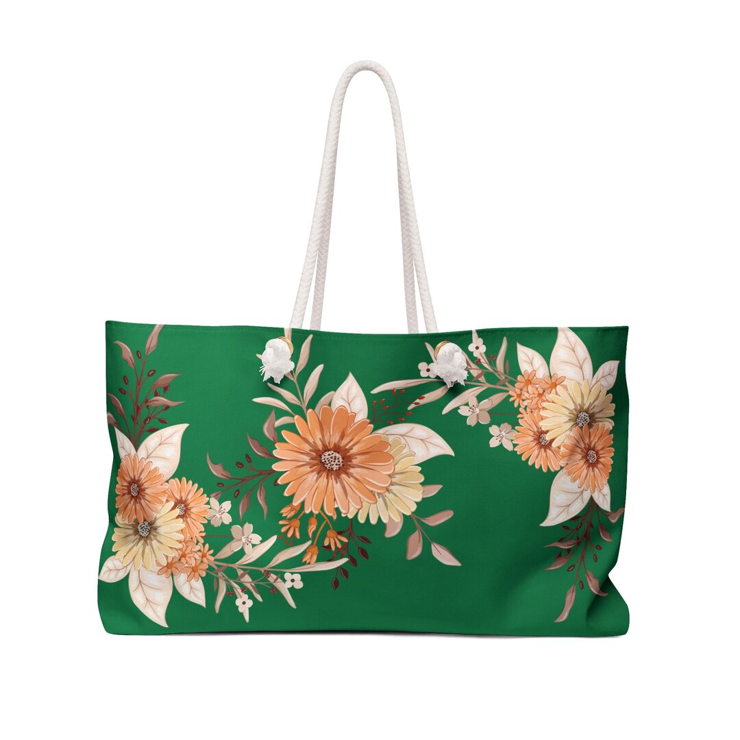 Beautiful Green Weekender Bag With Flowers, Overnight Travel Bag ...