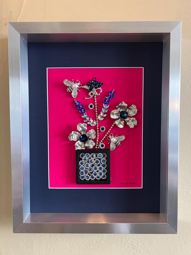 Cobalt Blue Floral Bouquet Framed Jewelry Art – Navy Blue Matting ...