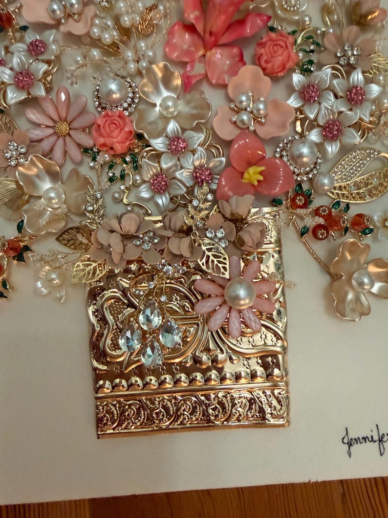 Floral Jewelry Art: Upcycled Vintage Bouquet, Coral Pink & Gold, 11x14 ...