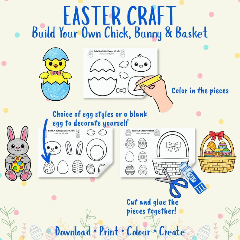 Printable Easter Craft for Kids | Build a Bunny, Chick & Basket | Color ...