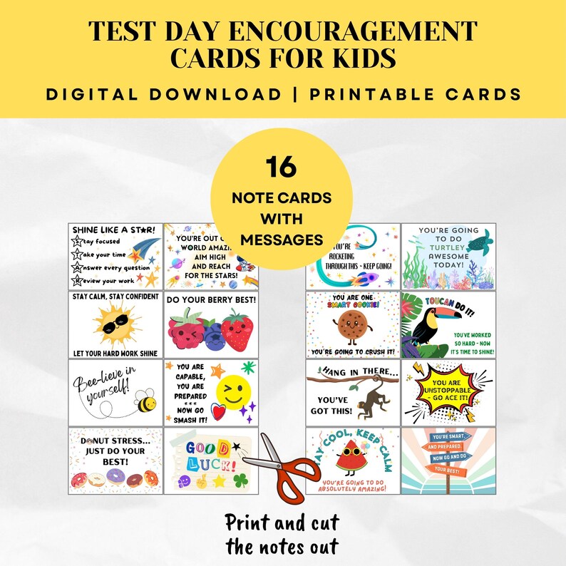 Test Day Kids Motivational Cards - Encouragement Cards - Printable ...