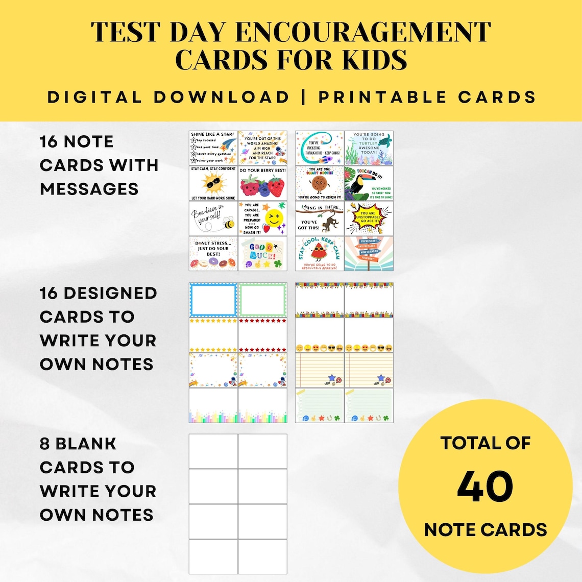 Test Day Kids Motivational Cards - Encouragement Cards - Printable ...
