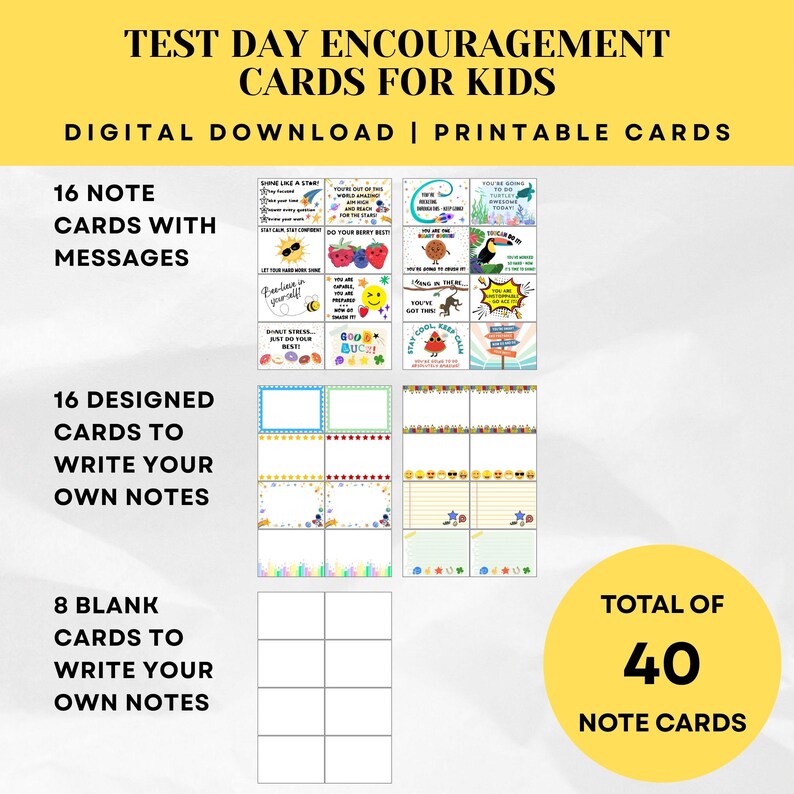 Test Day Kids Motivational Cards - Encouragement Cards - Printable ...