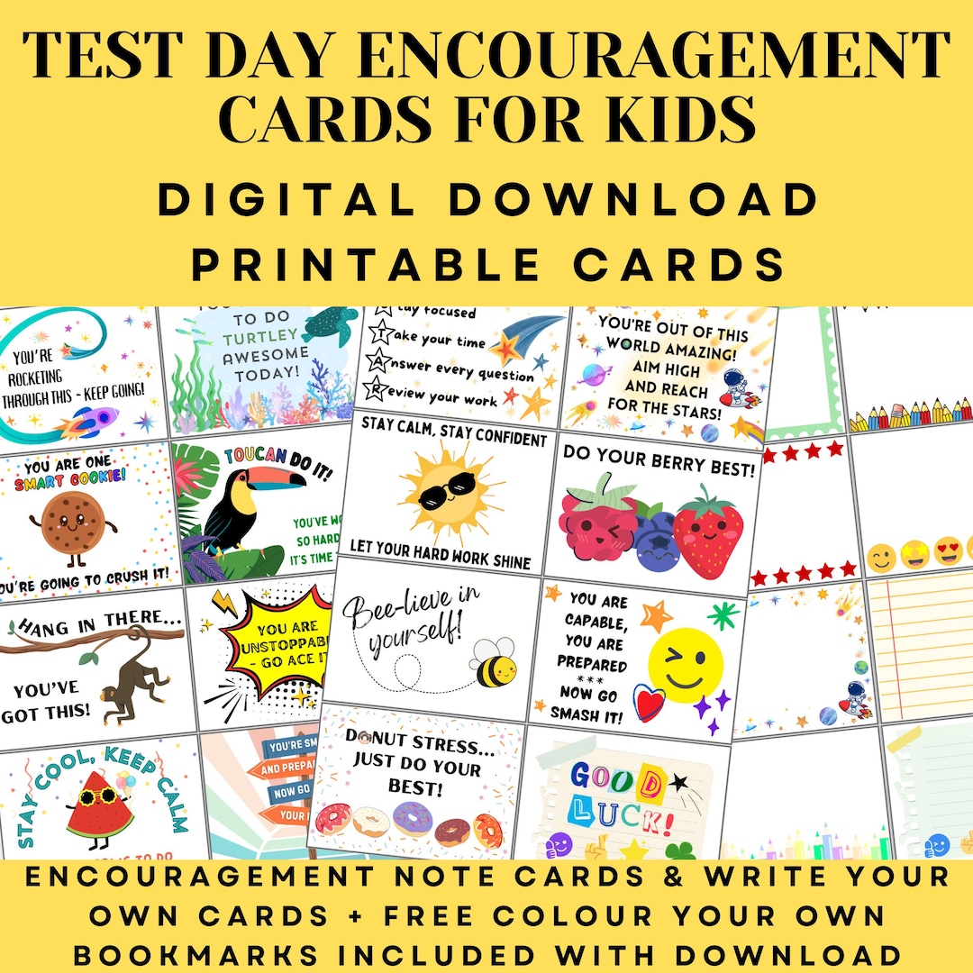 Test Day Kids Motivational Cards - Encouragement Cards - Printable ...