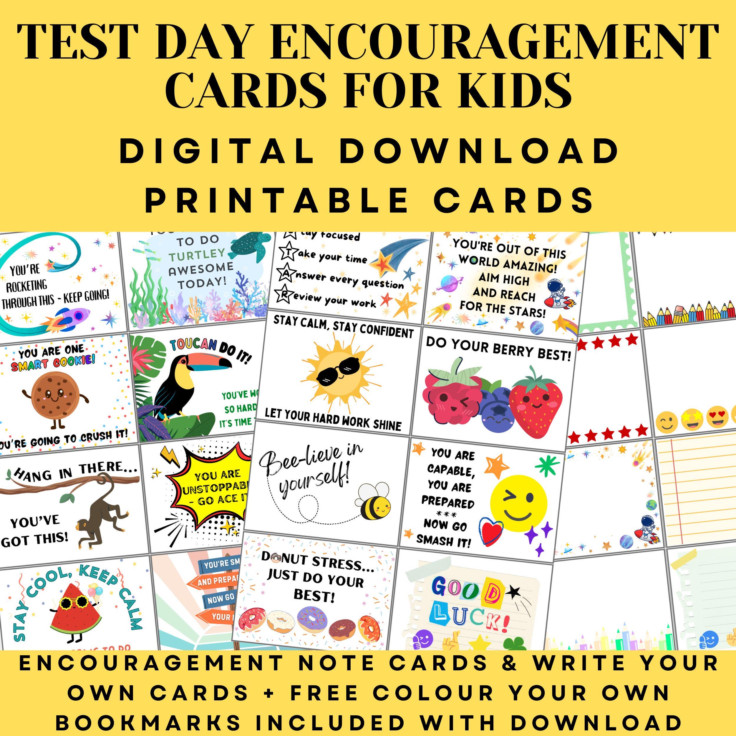 Test Day Kids Motivational Cards - Encouragement Cards - Printable ...