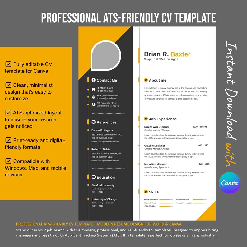 Professional Ats-friendly CV Template | Modern Resume Design for Canva ...