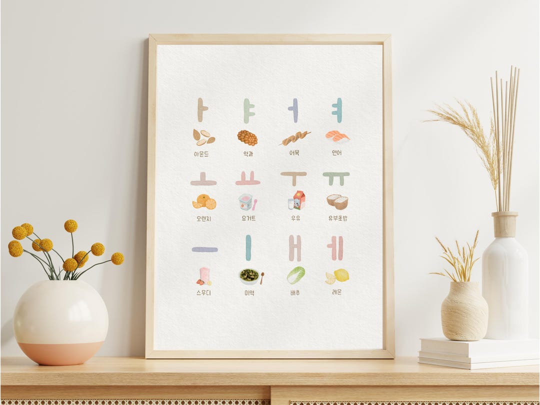 Printable Korean Alphabet Vowels Poster With Food Illustration, Hangul ...