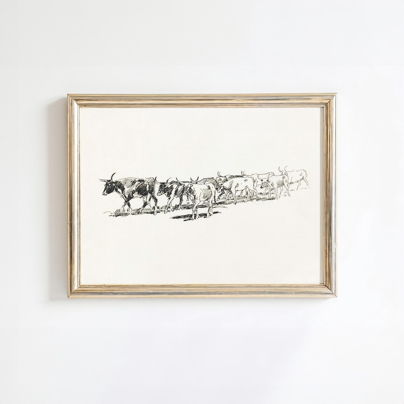 Vintage Cattle Herd Sketch Antique Drawing Rustic Western Decor ...