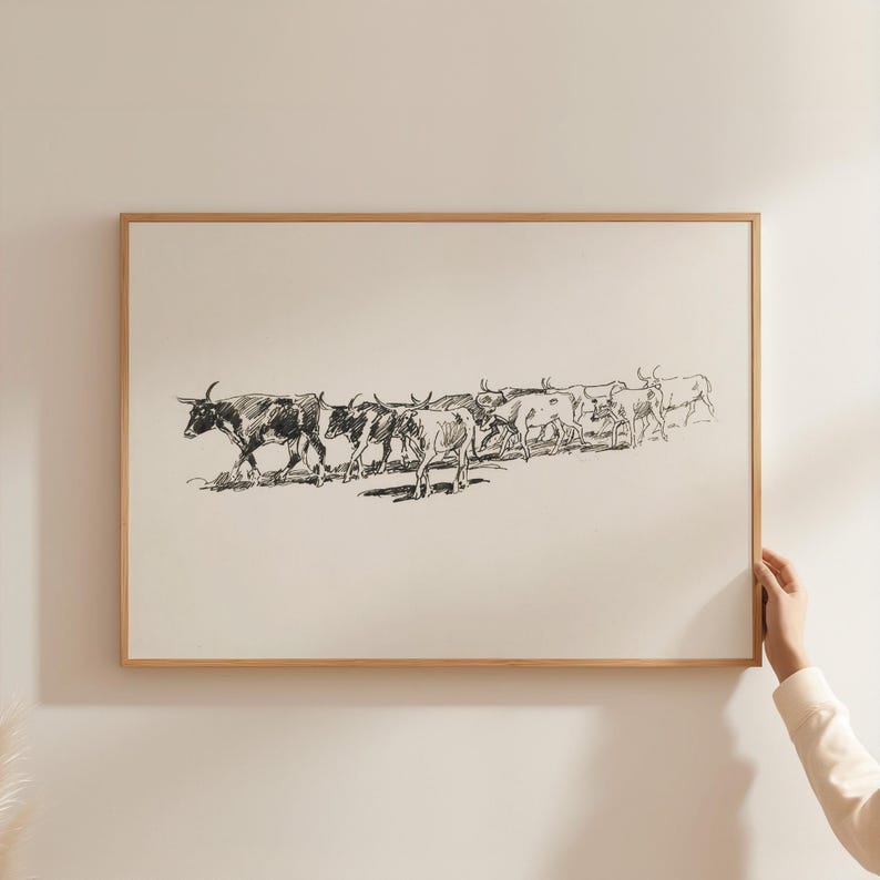 Vintage Cattle Herd Sketch Antique Drawing Rustic Western Decor ...