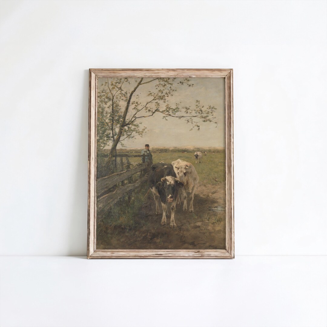 Antique Cow Print Country Spring Farmhouse Wall Art Vintage Landscape ...