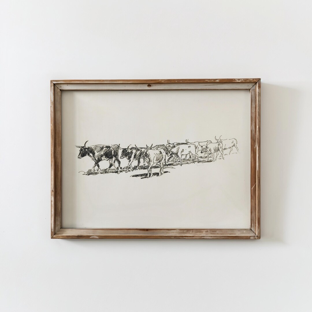 Vintage Cattle Herd Sketch Antique Drawing Rustic Western Decor ...