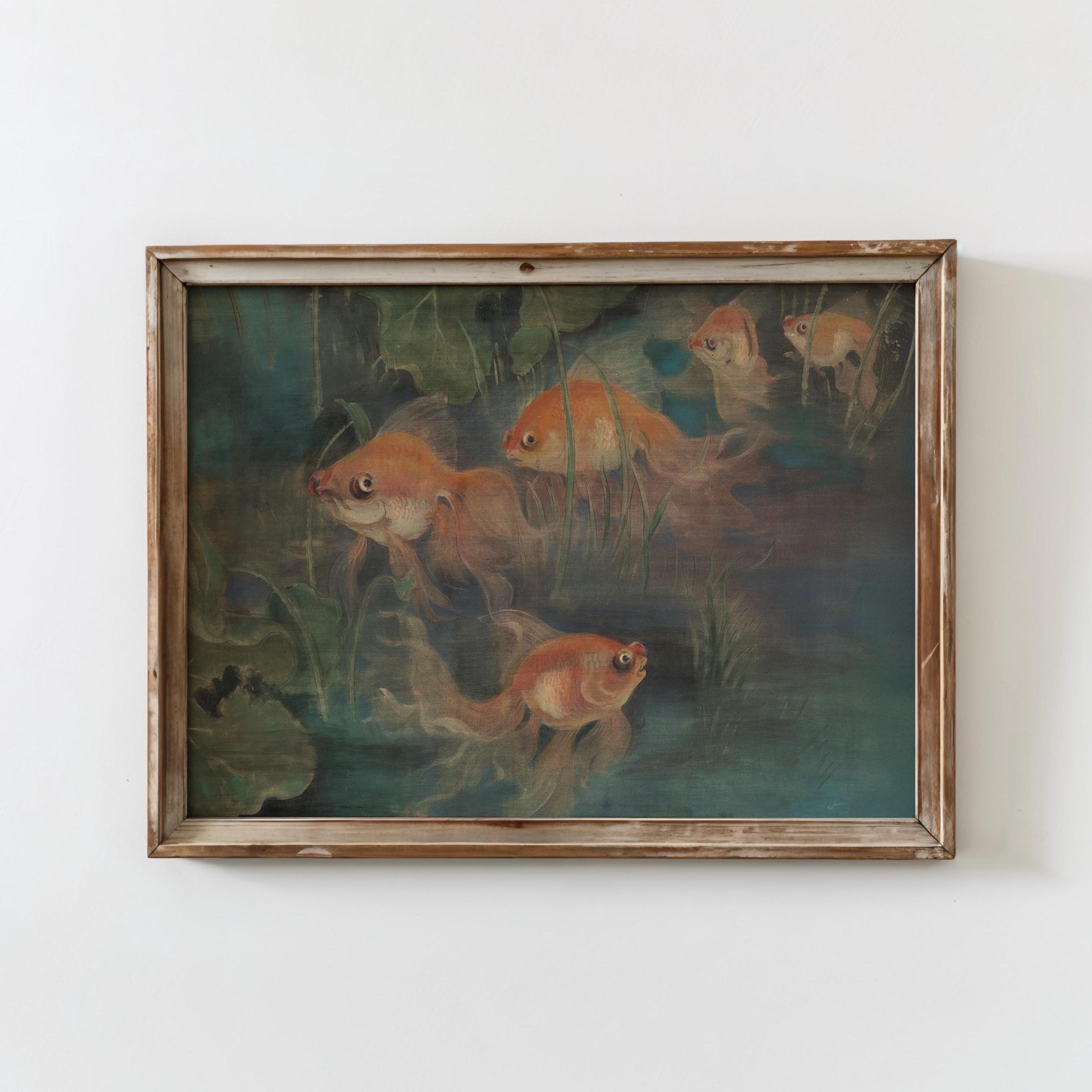 Vintage Goldfish Wall Art Printable Rustic Aquatic Nature Scene Oil ...