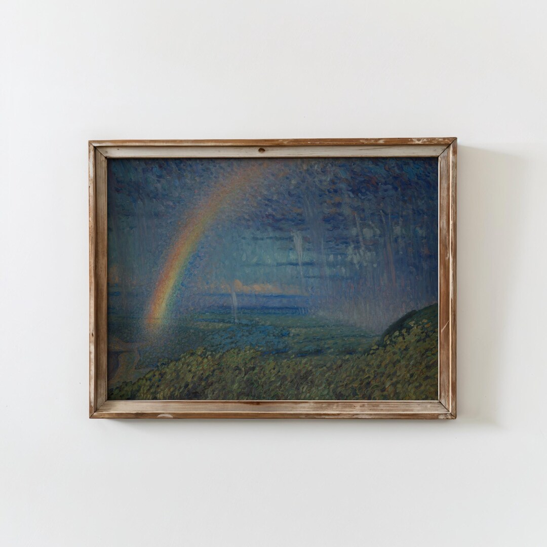 Vintage Rainbow Nursery Wall Art Landscape Rain Print Soft Blue Baby ...