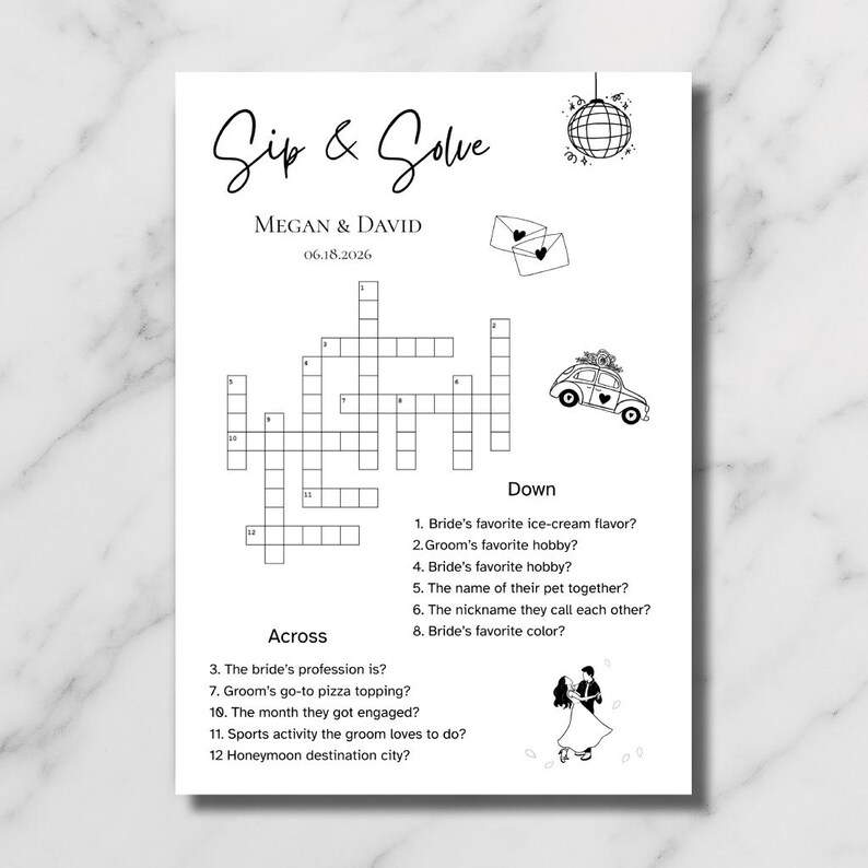 Custom Wedding Crossword Puzzle Sip and Solve Small Puzzle Template ...