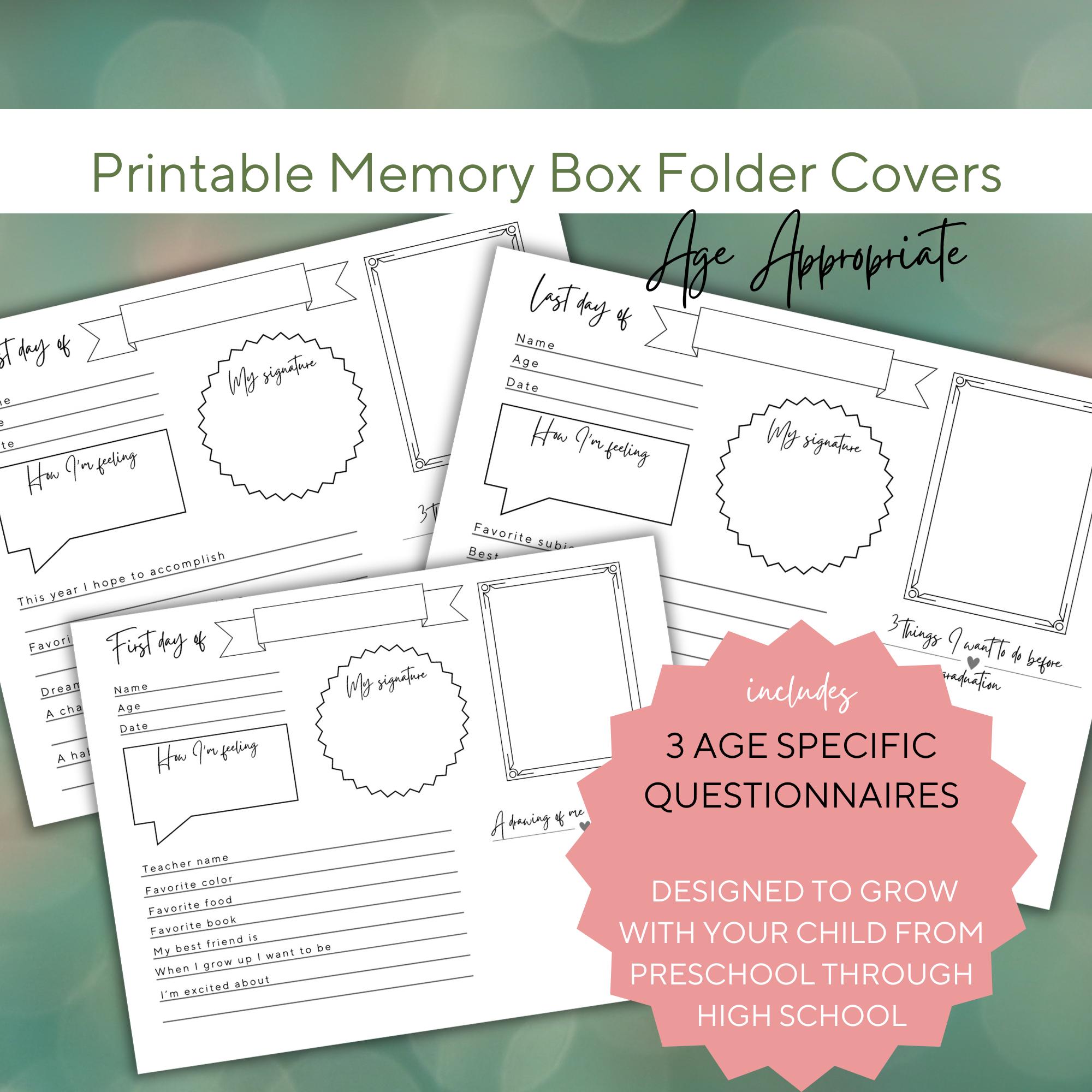 Printable Memory Box Folder Covers, School Milestone Tote Questionnaire ...