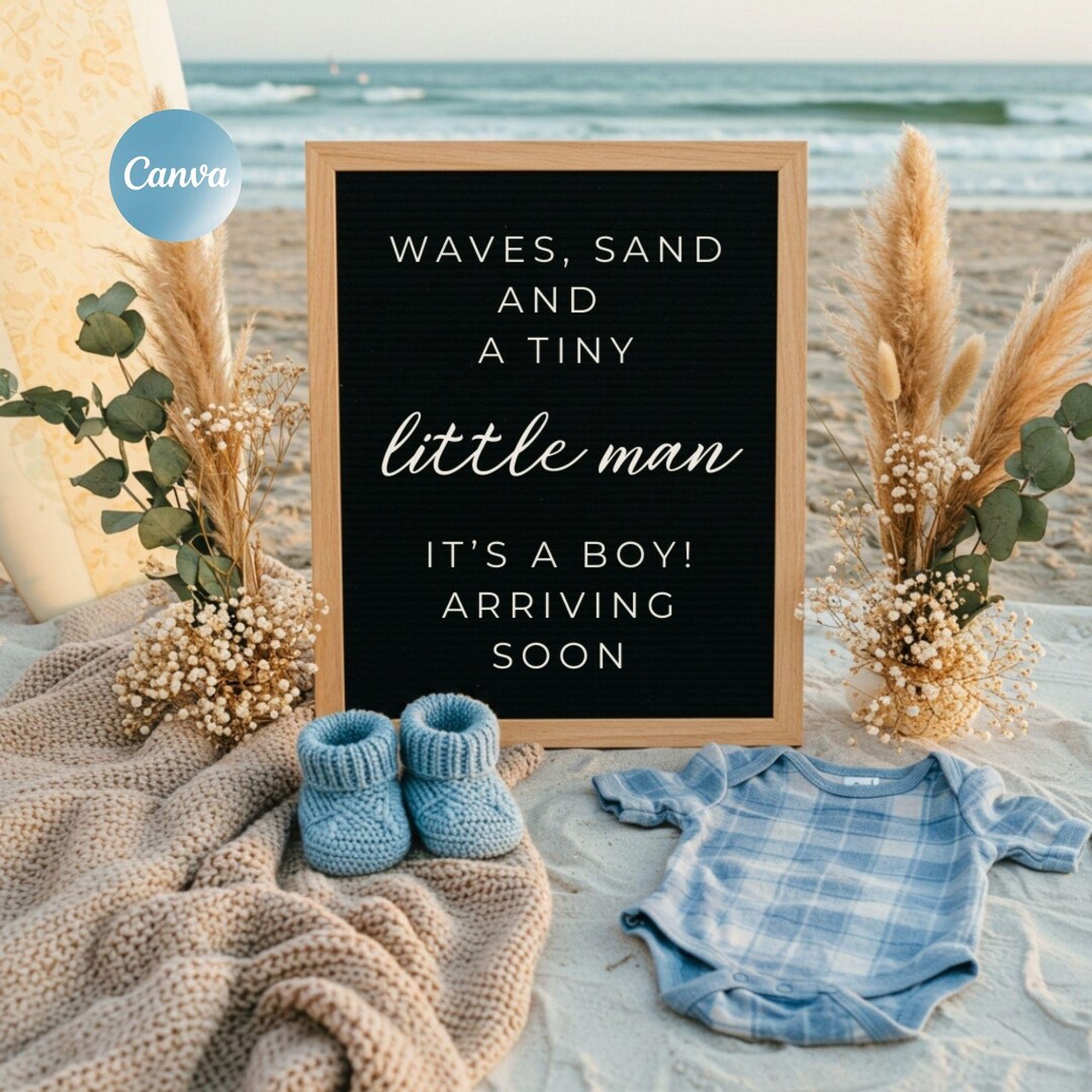 Beach Theme Boy Pregnancy Announcement, Canva Editable Social Media ...