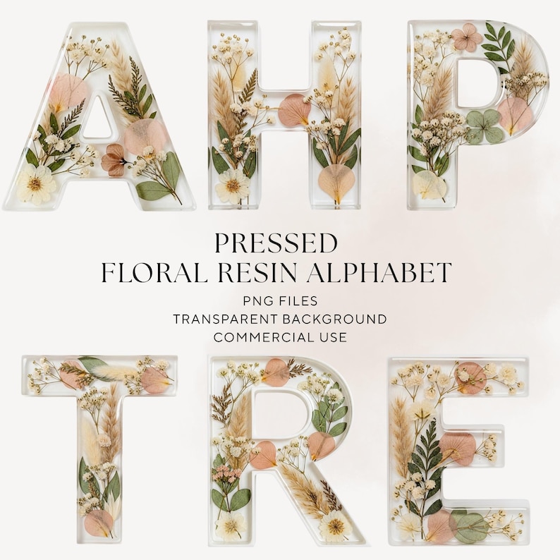 Pressed Flower Alphabet Clipart Bundle PNG | Transparent Epoxy Resin ...