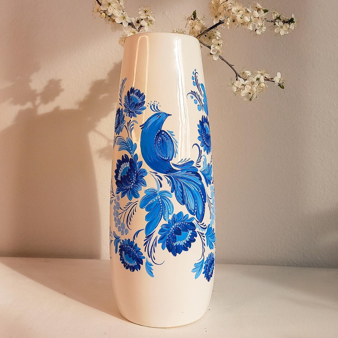 Blue Porcelain Vase, Floral Vase With Bird Motif, One-of-a-kind Hand ...
