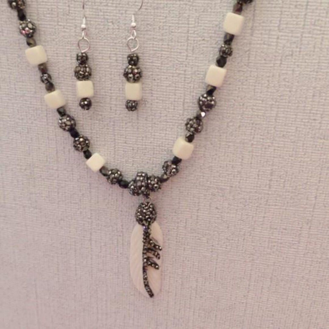 Bone Feather Pendant Necklace and Earrings With Jet Hematite Pave ...