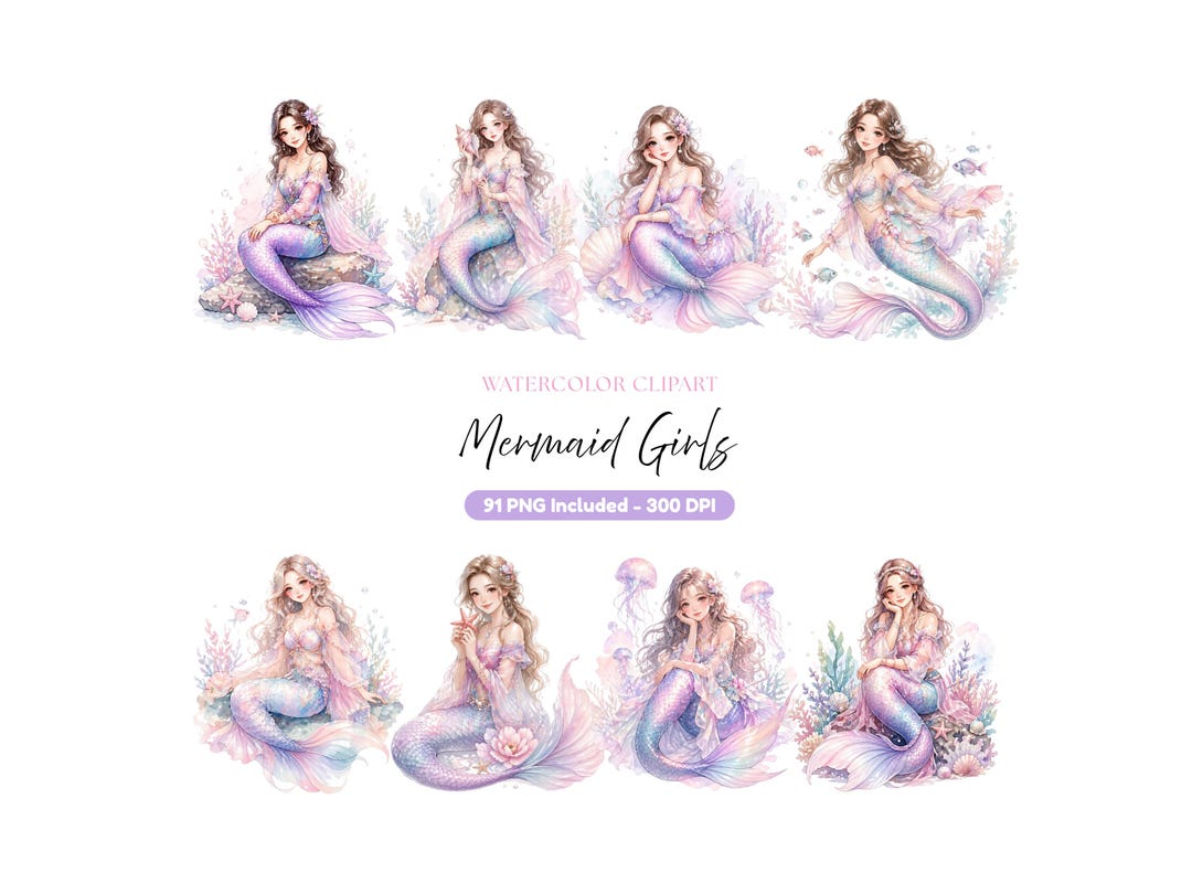 Pastel Watercolor Mermaid Girls Clipart Bundle (PNG) – Fantasy Ocean ...