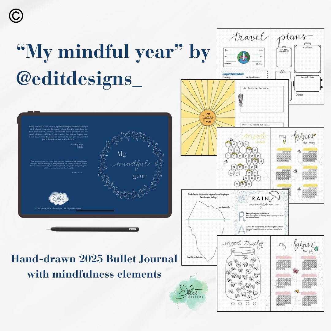 2025 My Mindful Journal Hand-drawn Digital Bullet Journal, Mindfulness ...