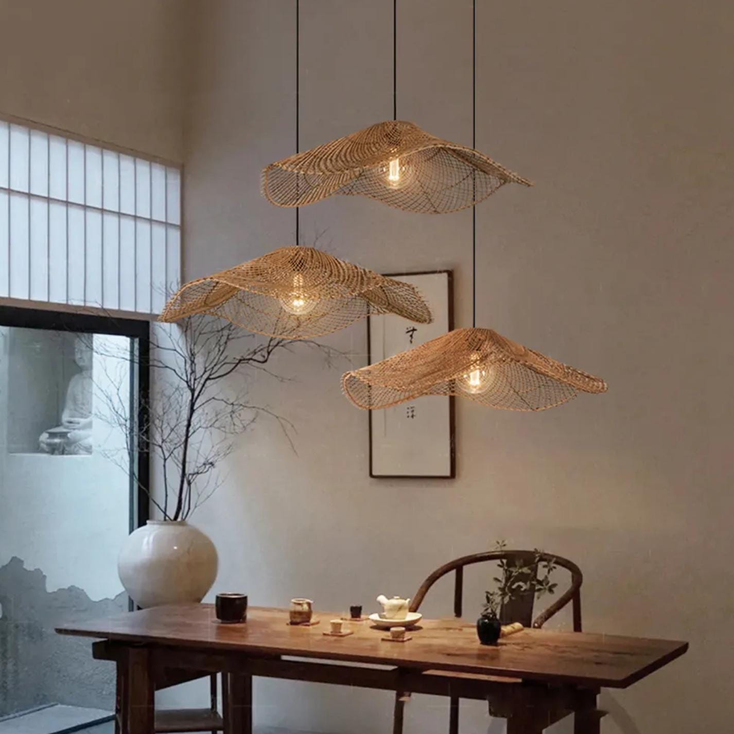 Wabi-sabi Style Rattan Chandelier, Handmade Pendant Light, Straw Hat ...