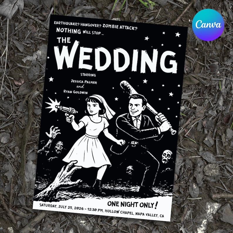 Zombie Wedding Invitation: Retro Horror Comic, Sci-fi Couple (editable ...