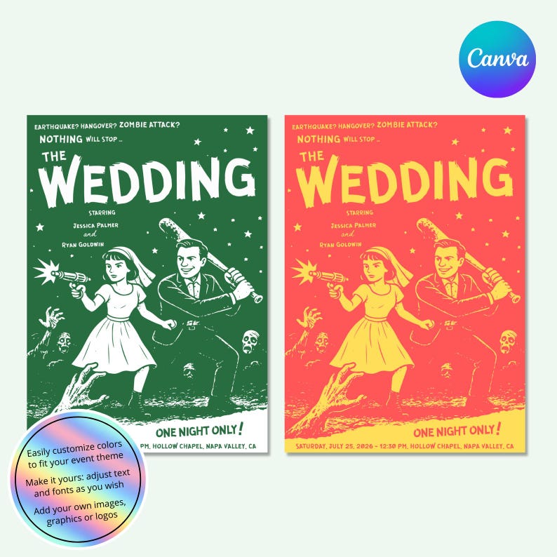 Zombie Wedding Invitation: Retro Horror Comic, Sci-fi Couple (editable ...